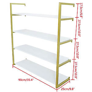 Wall Mounted Floating Shelves 4 Tier Wood Wall Shelves Bookshelf with Golden Metal Brackets-White Wood Shelves Set for Living Room Office Bedroom Kitchen