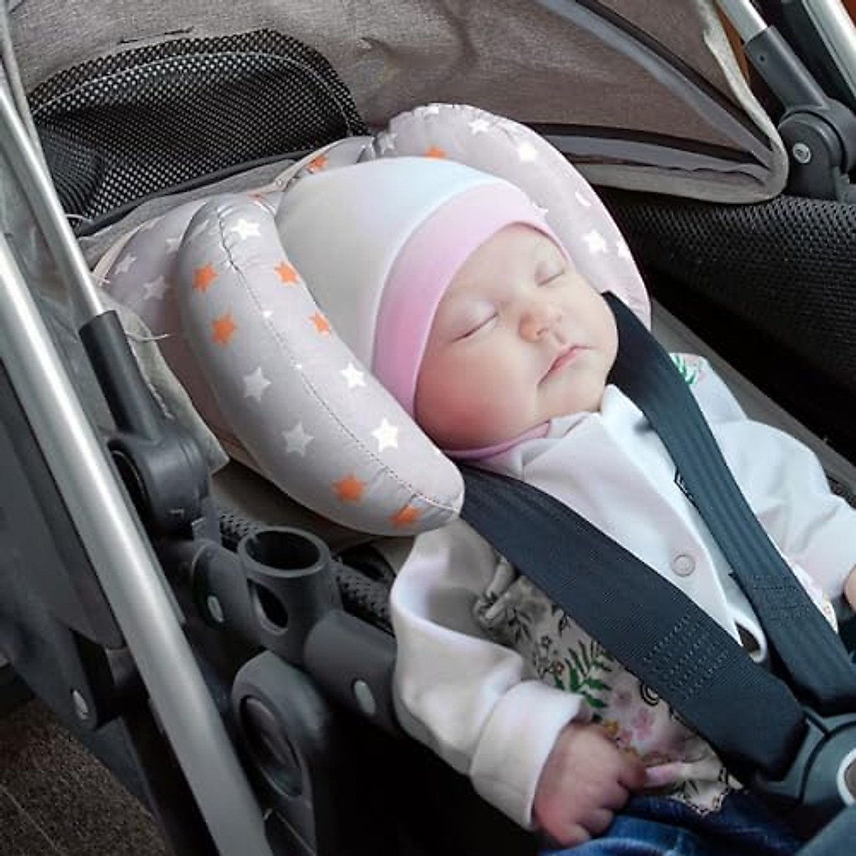 vocheer 2 in 1 Baby Travel Pillow, Baby Head Support Pillow Stroller Pillow with Banana Neck Pillow for Newborn,Light-Pink