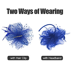 DOOVID Fascinators Hat for Women Tea Party Headband Kentucky Derby Wedding Cocktail Flower Mesh Feathers Hair Clip Royal Blue