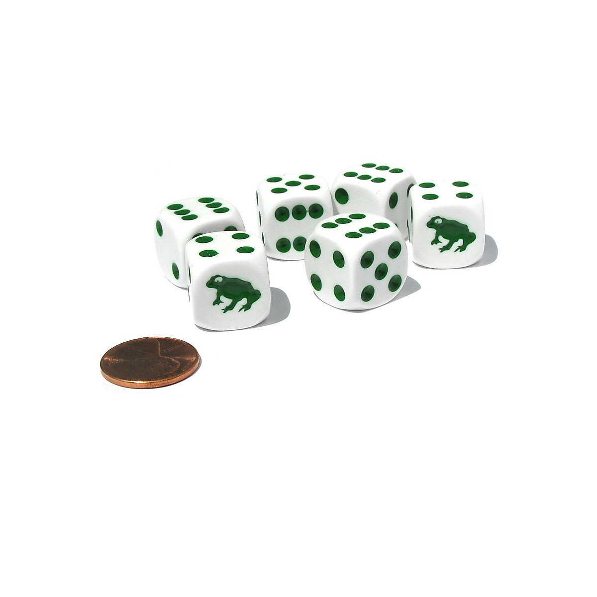 Set of 6 Frog 16mm D6 Round Edged Koplow Animal Dice - White with Green Pips