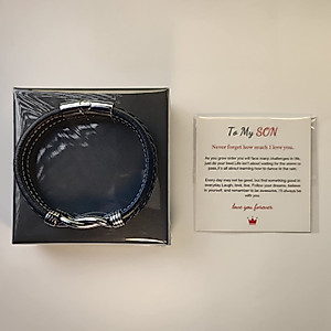 Mother and Son Forever Linked Together Braided Leather Bracelet， To My Son Bracelets from Mom Stainless Steel Interlocking Wristband Son Graduation Inspirational Birthday Jewelry Gift with Card Box,