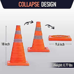 BATTIFE [4 Pack] 18'' inch Collapsible Traffic Safety Cones, Orange Cones, Multi Purpose Pop-up Cones with Reflective Collar, for Road Parking, Driving Practice