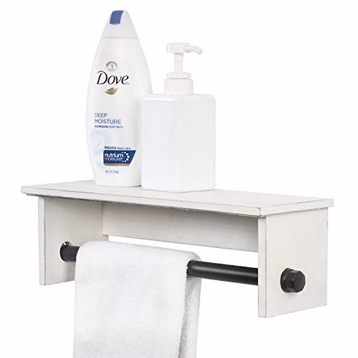 MyGift Wall Mounted Vintage White Wood Bathroom Display Shelf with Black Metal Industrial Pipe Towel Bar, Kitchen Paper Towel Holder