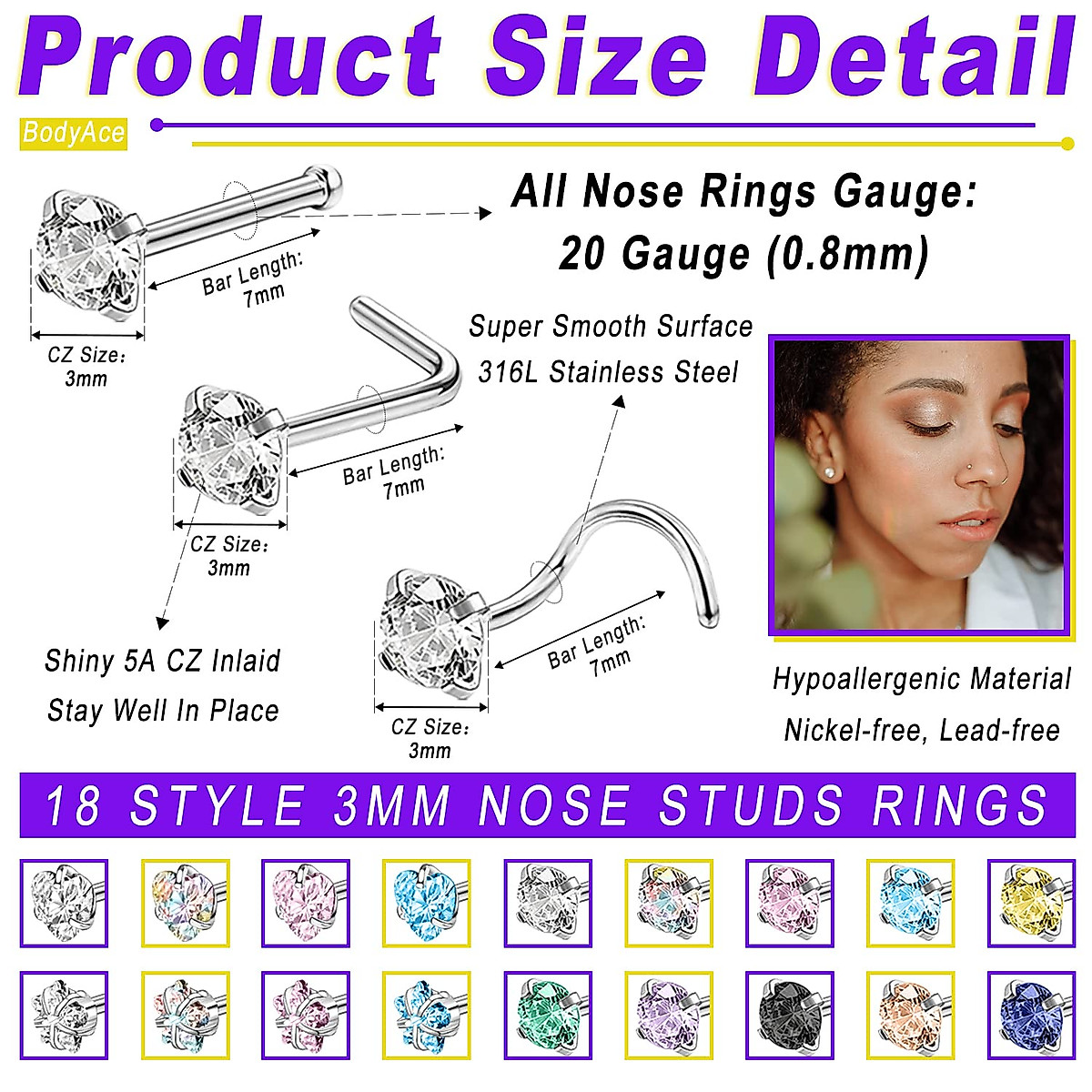 BodyAce 18pcs Stainless Steel Nose Studs Rings, 20 Gauge L Shaped stud Nose Rings for Women, Mix Colors 3mm Diamond CZ Nostril Nose Piercing Jewelry (A:Screw)