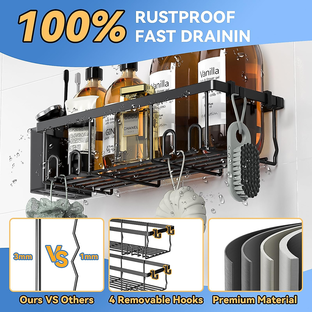 Prlsca Shower Caddy 4 Pack - Adhesive Shower Organizer, Wall Shelf for Inside Shower Storage with Soap Dish&Hook，No Drilling Rustproof Shower Shelves for Home Decor & Bathroom Accessories & Kitchen