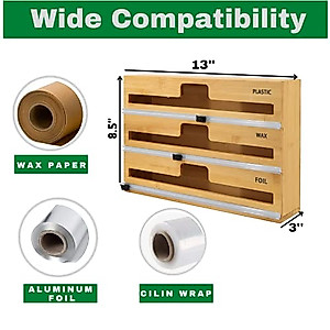 FORTBIT Foil and Plastic Wrap Organizer with Cutter - 3in1 Natural Bamboo Wooden Plastic, Wax, Parchment, Aluminum Foil and Plastic wrap Dispenser with Cutter - 12" Kitchen Wrap Dispenser for Drawer