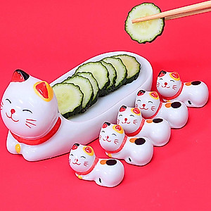 6-piece Cute Ducks Ceramic Chopstick Rests, Spoon Fork Knife Holder Stand Festive Dinner Table Ornament (set)… (Lucky Cat Set)
