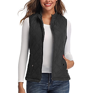 LONGKING Black Women's Vest, Stand Collar Lightweight Zip Quilted Vest for Women L