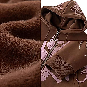 PLAYPUNK Women Rhinestone Oversized Zip Up Hoodie Y2k Skeleton Spider Skull Print Vintage Hoodies 90s Pullover Grunge Jacket Brown