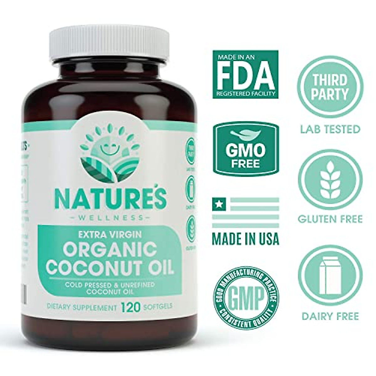 Natures Wellness Organic Coconut Oil 2000mg - Healthy Skin, Nails, Hair Growth – Extra Virgin, Cold Pressed, Unrefined Non GMO - Rich in MCT MCFA - Support Brain Function
