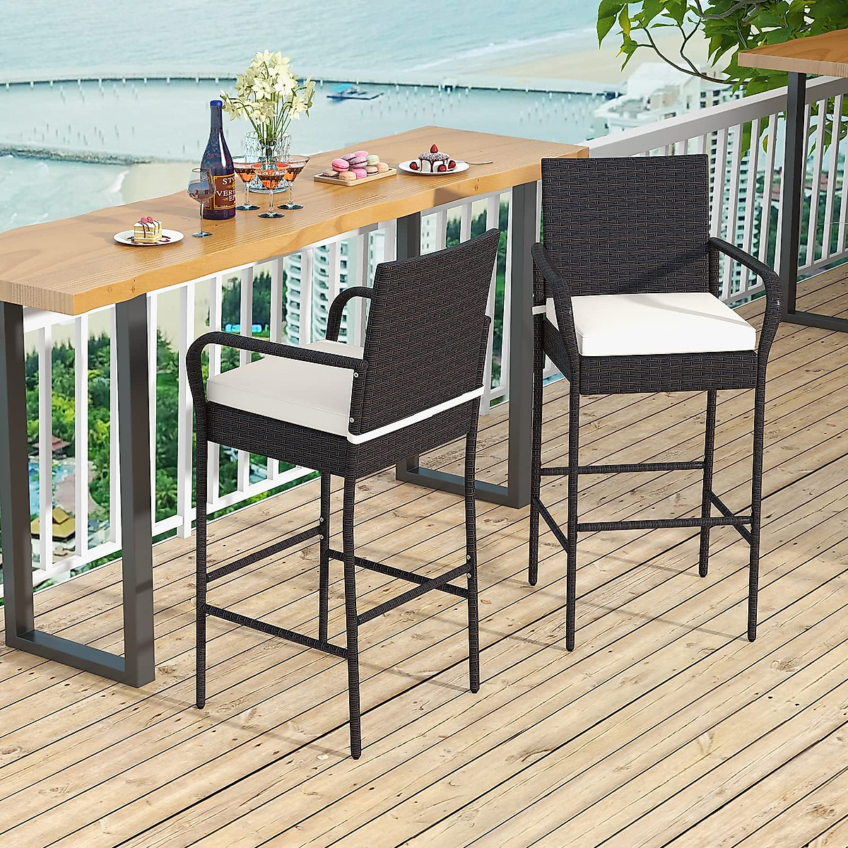 Tangkula Patio Wicker Barstools Set of 2, Outdoor PE Rattan Bar Chairs with Armrests & Soft Cushions, Stable Metal Frame, 400 lbs Max Load, Mix Brown PE Wicker Bar Chairs for Porch, Backyard