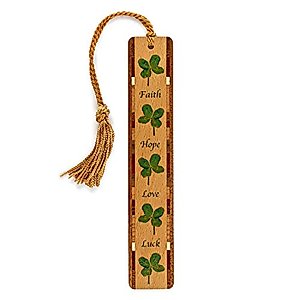 4 Leaf Lucky Clover (Faith Hope Love Luck) Wooden Bookmark with Tassel - Also Available with Personalization - Made in The USA