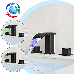 SKOWLL LED Faucet Bathroom Sink 3 Hole Waterfall Lavatory Vanity Faucet 8 Inch Spread Bath Faucet 2 Handle with Light, Matte Black