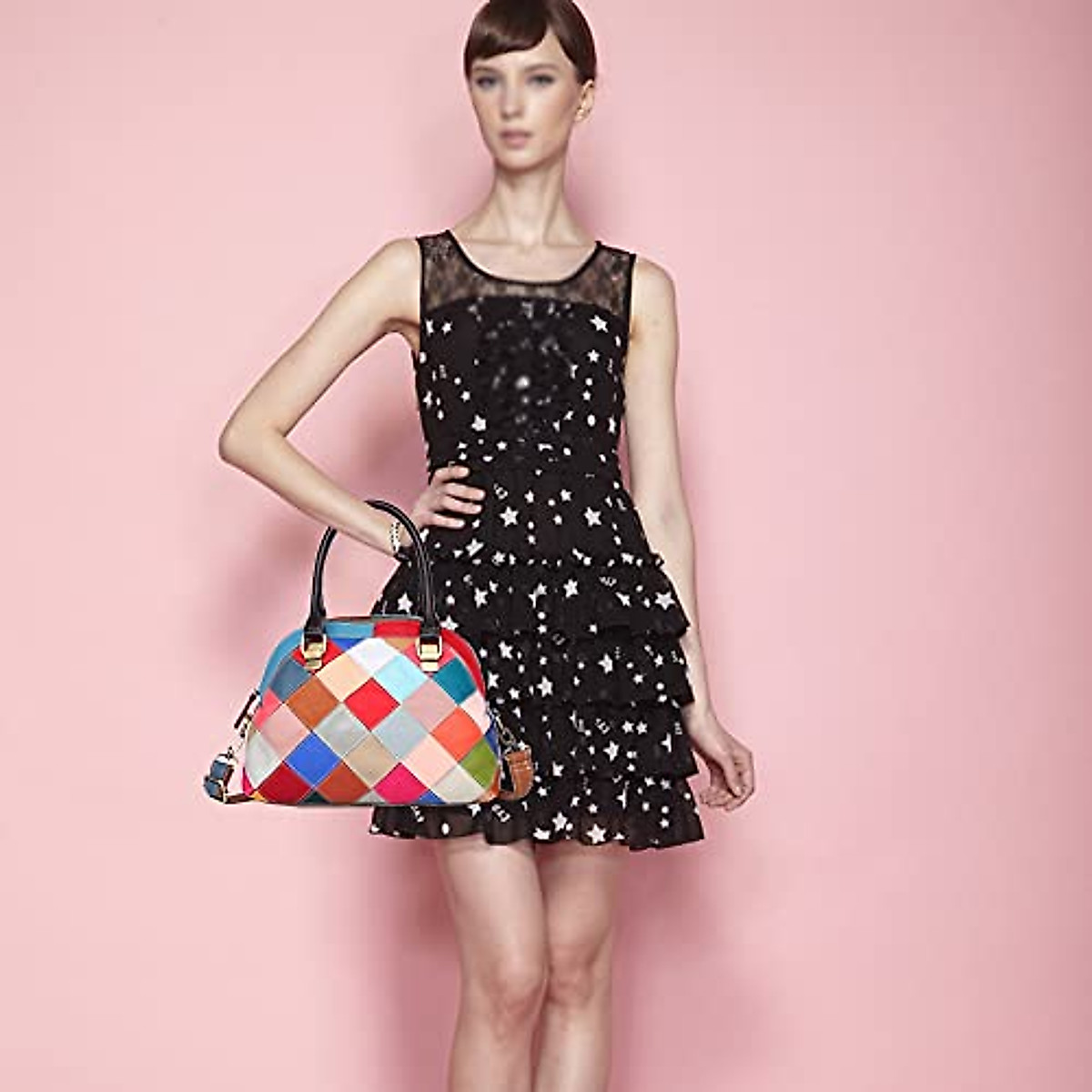 Downupdown Genuine Leather Handbags Women Top Handle Handbags Multicolor Square Splice Satchel Bag Tote Purse with Long Strap