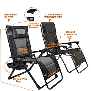 Adako USA XXL Oversize Recliner Folding Chair for Camping Patio Outdoors Zero Gravity Extra Wide Reclining Padded Seats with Sunshade and Cup Holder Tray [Heavy Duty]