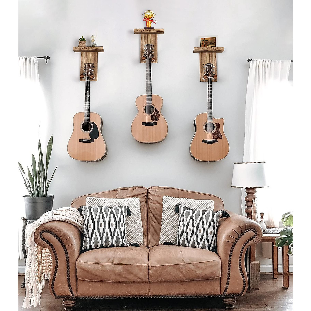 Keebofly Guitar Wall Mount,3 Pack Guitar Wall Hangers Guitar Stand Wall with Pick Holder Guitar Rack for Acoustic or Electric Guitars,Ukulele,Bass,Mandolin,Rustic Wood Brown,[Patented]