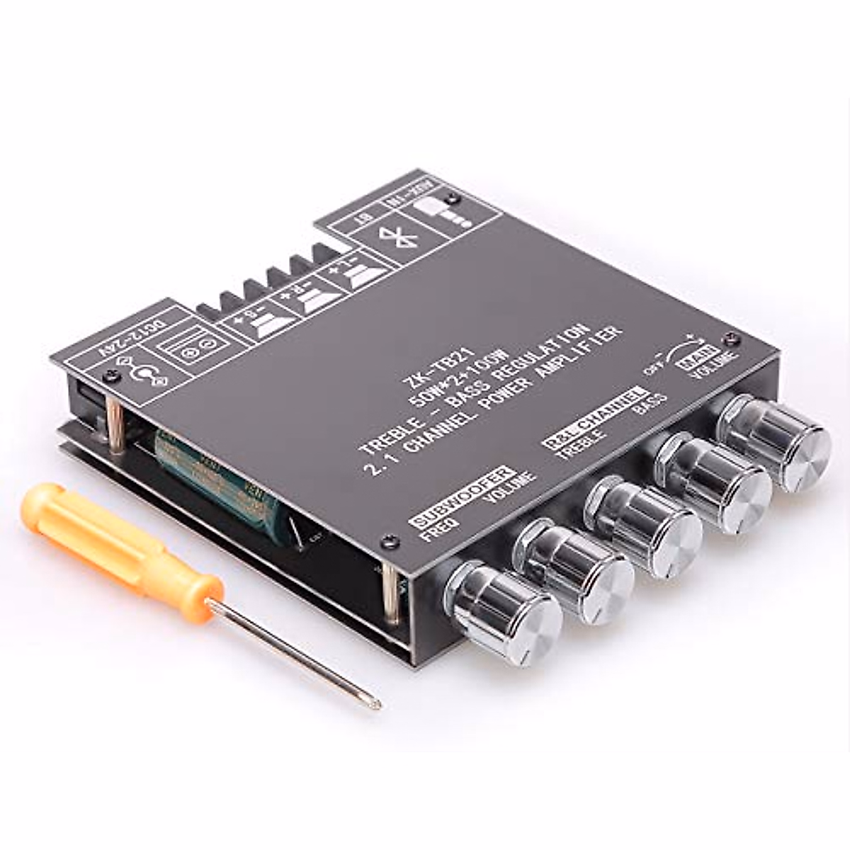 DAMGOO 50W+50W+100W 2.1 Channel Subwoofer Amplifier Board with Treble and Bass Control, Dual TPA3116 Chip, DC 12-24V, Bluetooth and AUX Inputs, DIY Wireless Speakers AMP Board, Password Free