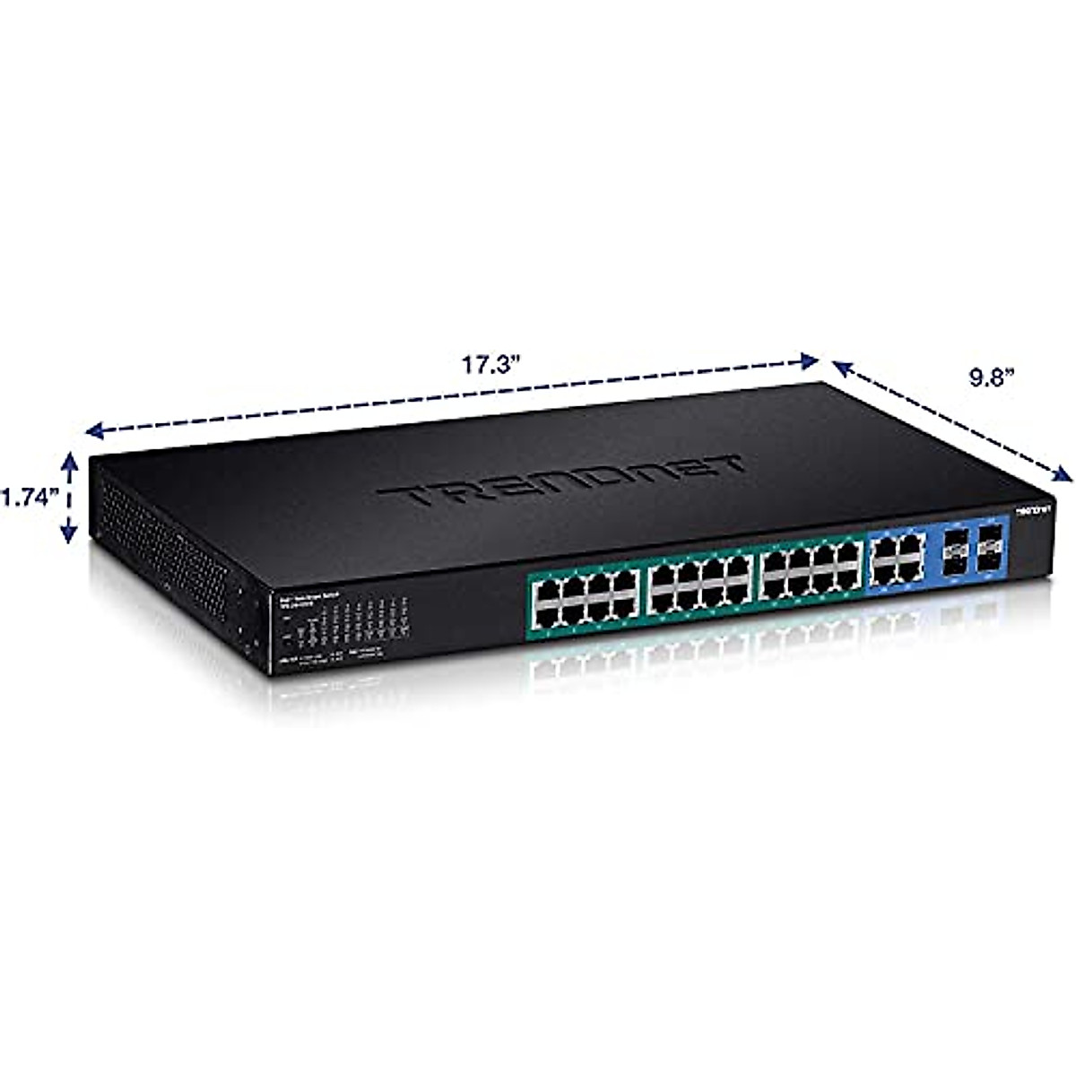 TRENDnet 28-Port Gigabit Web Smart PoE+ Switch, 24 x Gigabit Ports, 4 x Shared Gigabit Ports (RJ-45 or SFP), 185W PoE Budget, 56Gbps Switching Capacity, Lifetime Protection, Black, TPE-2840WS