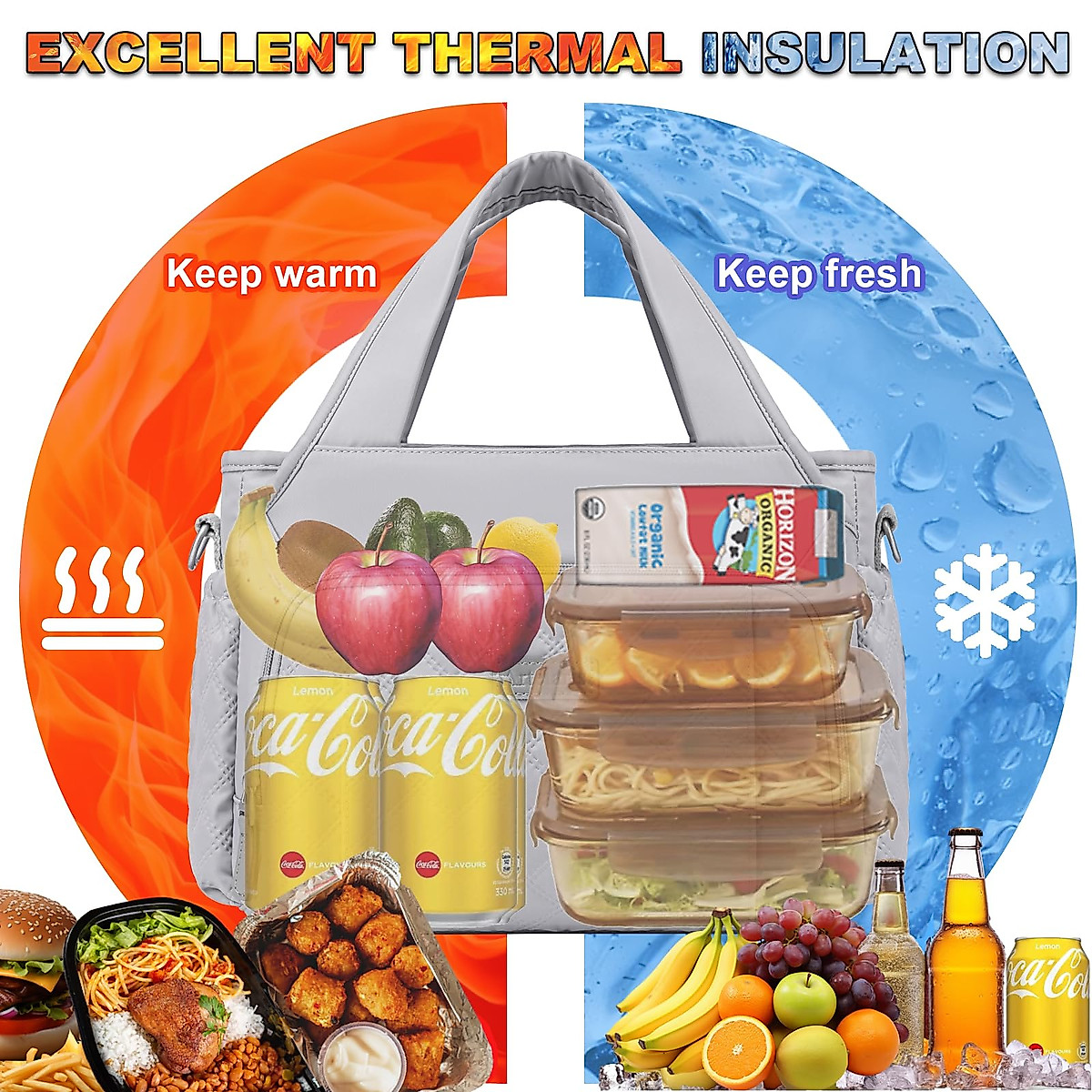 Artelaris Lunch Bag for Women, Insulated Lunch Box for Work, Large Leakproof Cooler Purse with Side Pockets & Removable Shoulder Strap Women's Lunch Tote Bag for Picnic Beach Cute Lunch Bags (Gray)