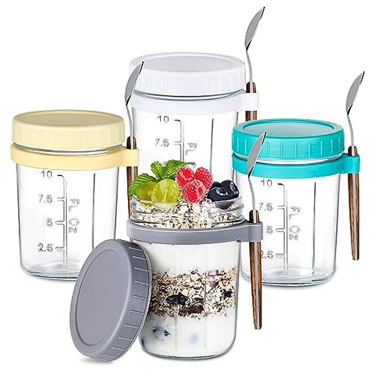 4 Pack Overnight Oats Jars, Overnight Oats Containers with Lids and Spoons, 16 Oz Glass Mason Jars for Overnight Oats Leak Proof Oatmeal Container Great for Cereal, Yogurt, Milk, Salads, Fruit