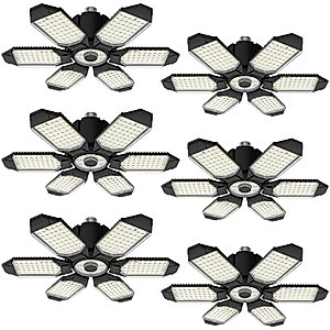 LIGHTNUM 6-Pack LED Garage Light, 16000Lm Deformable LED Garage Ceiling Light with 6 Adjustable Panels 6500k Led Shop Light Screw in E26/E27 Bulb Socket Compatible for Workshop Storage Room Basement