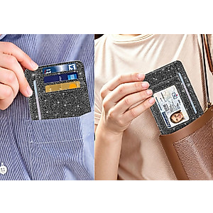 HOTCOOL Card Holder Wallet Front Pocket Minimalist Travel Cute Funny Thin Leather With RFID Blocking Small Credit Card Holder Wallet for Men & Women Girls Organizer Gifts, Glitter Black