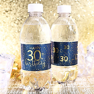 Navy Blue and Gold 30th Birthday Party Water Bottle Labels - 24 Waterproof Stickers, 30th Birthday Party Favors
