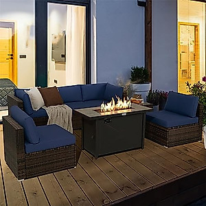 SDGH 7PCS Patio Rattan Furniture Set Fire Pit Table Cover Cushion Navy