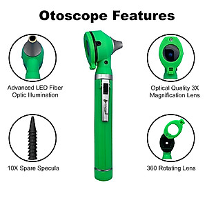 Cross Canada 11-084 Physician Fiber Optic LED Pocket Otoscope Diagnostic Set - Green