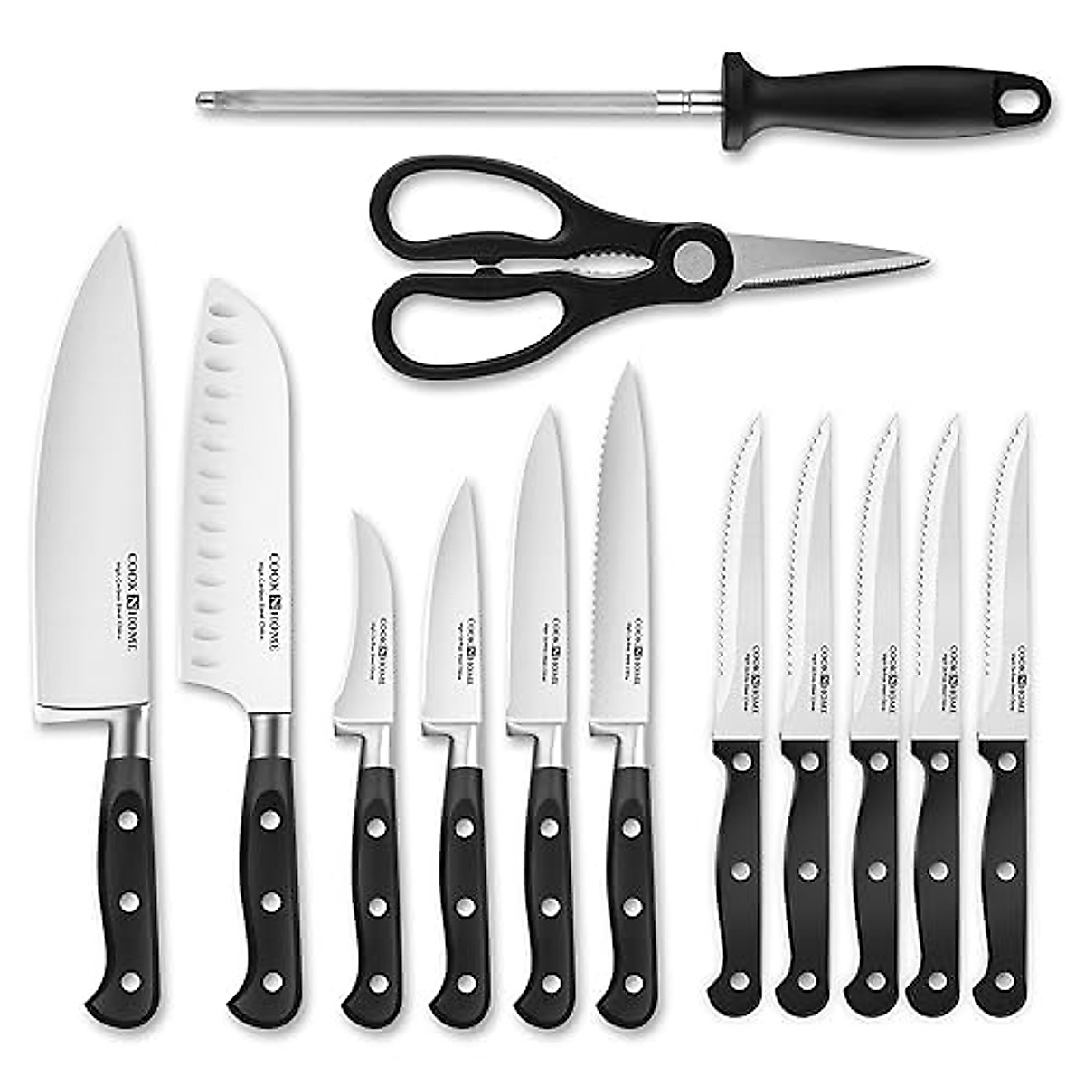 Cook N Home Kitchen Knife Set with Bamboo Storage Block 15-Piece, High Carbon Stainless Steel Blade, Black