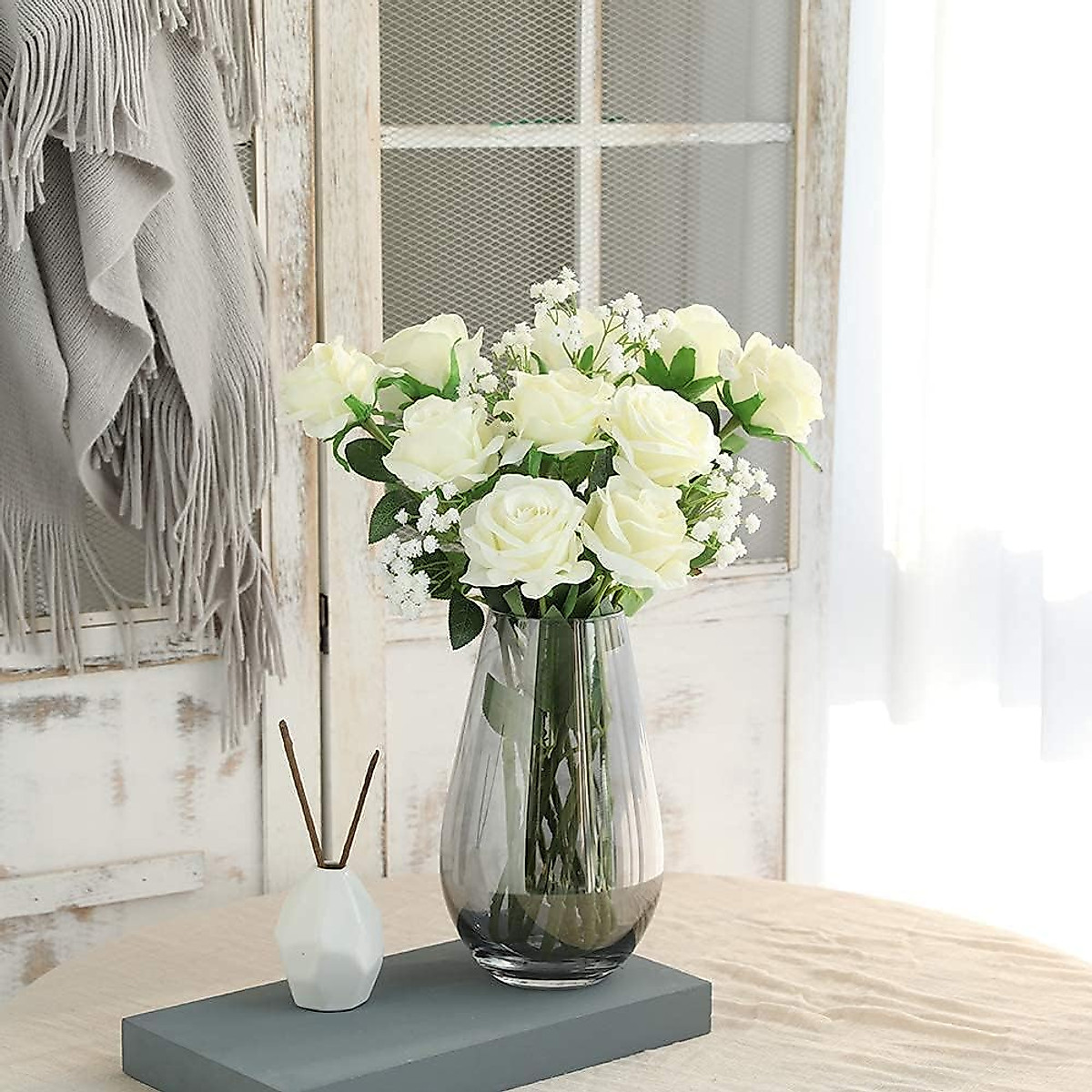 JUSTOYOU 10Pcs Artificial Roses Flowers, Realistic Blossom Roses, Real Touch Silk Rose, Single Fake Flower Long Stem Bouquets for Home Wedding Party Decoration