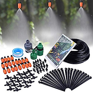 MIXC 1/4-inch Mist Irrigation Kits Accessories Plant Watering System with 50ft 1/4” Blank Distribution Tubing Hose, 20pcs Misters, 39pcs Barbed Fittings, Support Stakes, Quick Adapter, Model: GG0B