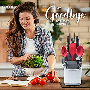 Cheer Collection Kitchen Utensil Organizer and Drainer, Cutlery Holder and Strainer with 3 Divided Compartments, Sink Flatware Caddy Countertop Organizer, Dishwasher Safe, White