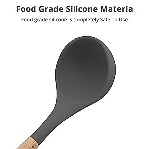 KUFUNG Silicone Ladle Spoon, Wooden Handle Seamless & Nonstick Kitchen Soup Ladle, BPA-free & Heat resistant up to 480°F, Silicone Kitchen Cooking Utensils Baking Tool (Grey)