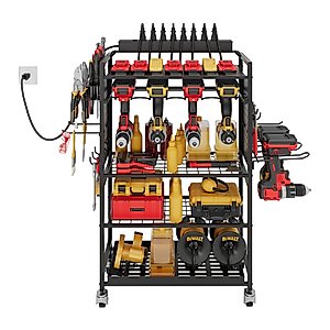 Sttoraboks Power Tool Organizer Cart with Charging Station, Garage Floor Workshop Rolling Storage Cart on Wheels for 6 Mobile Drill, Mechanic, Power Tool Box Utility Cart with Battery Charging, Black