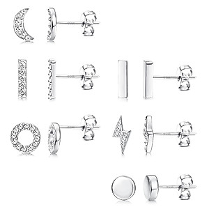 Hayoso 6 Pairs Sterling Silver Stud Earrings Hypoallergenic Earrings Stud Bar Circle CZ Stud Earrings Tiny Stud Earrings Set 14K Gold Plated Cartilage Earrings Studs for Women, White Gold Plated,