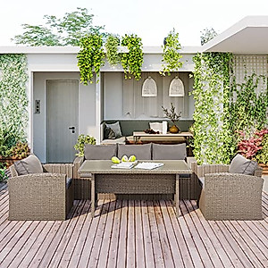 DHPM 4 Piece Patio PE Rattan Wicker C, Outdoor Sectional Conversation Furniture Chair Set Table, 3 Sofa with Cushions, 5 Seats for Garden, Poolside, Backyard, Gray