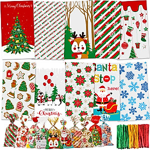 Moretoes 170pcs Christmas Candy Treat Bags, Christmas Cellophane Bags for Christmas Party Goodie Supplies 10 Assorted Styles Santa Sleigh Pattern with 180pcs Twist Ties