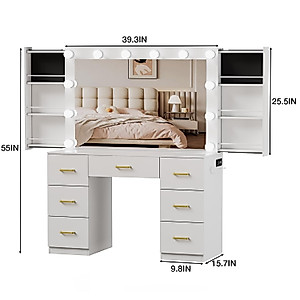 FURNJOYLIFE White Makeup Vanity Desk with Lighted Mirror & Power Outlet,3 Color Modes, Brightness Adjustable,Vanity Table with Drawer,Sliding 2 Storage Wall-Mounted Jewelry,4 Shelves for Bedroom