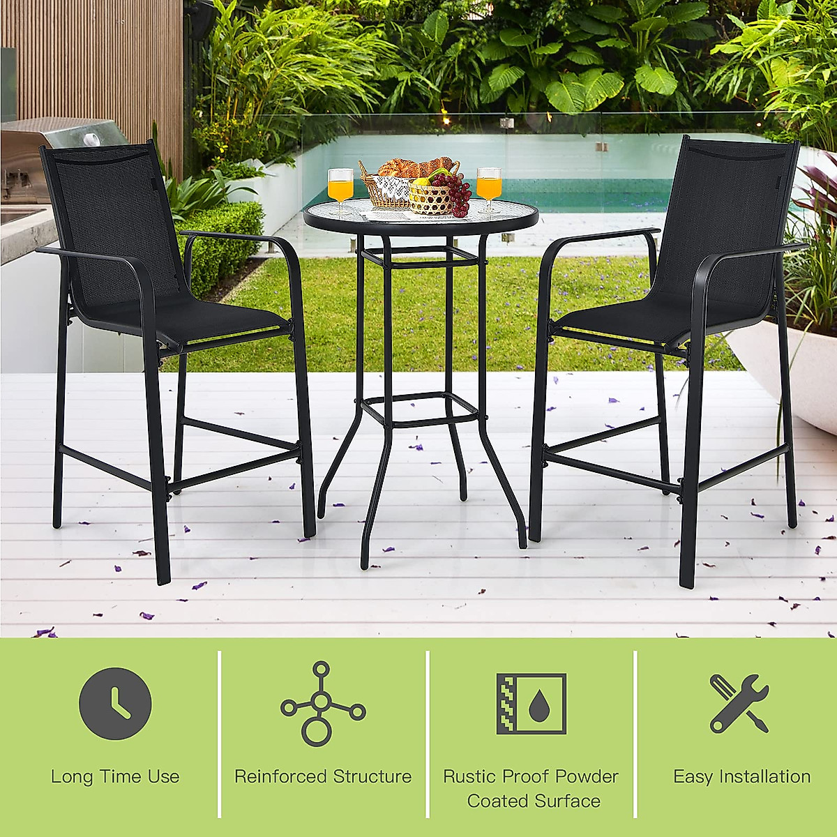 Tangkula 3 Pieces Outdoor Patio Bar Set, Outdoor Bistro Set with 2 Bar Stools and 1 Tempered Glass Bar Table, Bar Height Patio Table and Stools Set for Backyard, Garden, Lawn (Black)