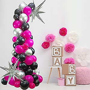 Visondeco Hot pink balloon garland kit - 112pcs Hot Pink Balloons with Black and Silver Balloons, Silver Explosion Star Foil Balloons, Metallic Silver Balloons, Pink and Silver Black Balloons
