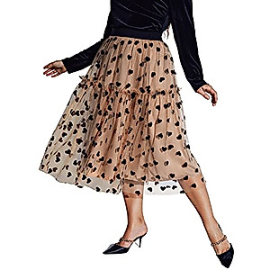 Floerns Women's Plus Size Heart Printed Contrast Mesh Frill Trim Flared Midi Skirt Apricot 2XL