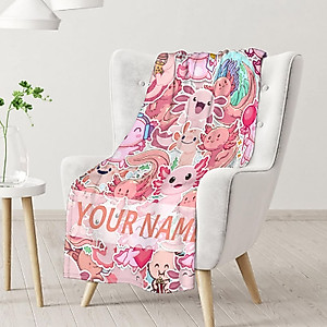 Personalized Axolotl Blanket Gifts with Name - 60"x80" Cute Throw Blanket for Adults Kids - Pink Soft Plush Blankets for Bed, Couch & Travel