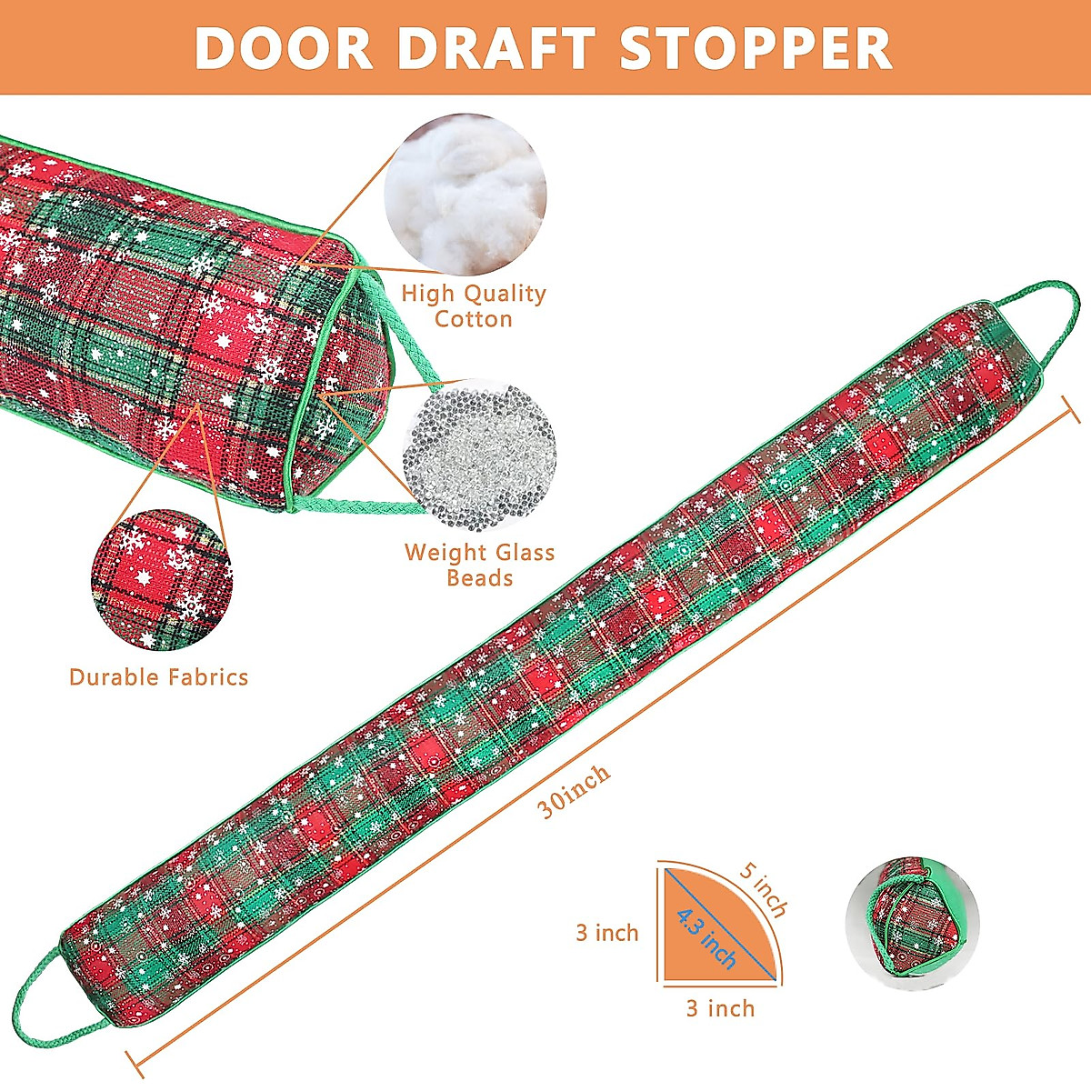 Triangle Under Door Draft Stopper Noise Blocker 30 Inches for Door Bottom Air Seal Insulation and Soundproof, Heavy Duty Weather Guard Snake Stripping, Tartan Check Green and Snowflake
