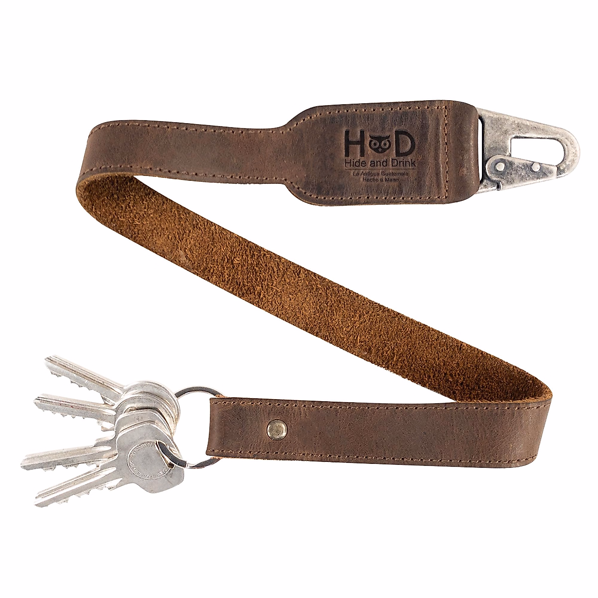 Hide & Drink, Keychain Lanyard, Badge Holder, Clip to Attach to House, Car, and Apartment Keys, ID, Full Grain Leather, Handmade, Bourbon Brown