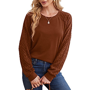 Saloogoe Fall Clothes for Women 2024 Trendy Crew Neck Sweatshirts Dressy Tunic Tops Outfits Caramel M