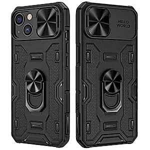 VEGO for iPhone 14 Plus Case, iPhone 14 Plus Kickstand Case with Slide Camera Cover Built-in 360° Rotate Ring Stand Magnetic Shockproof Phone Cover Case for iPhone 14 Plus 6.7 inches 2022 - Black
