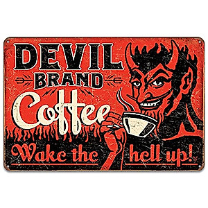 Devil Brand Coffee Wake The Hell Up Retro Wall Decor Vintage Bar Signs Tin Sign 12 X 8 Inch