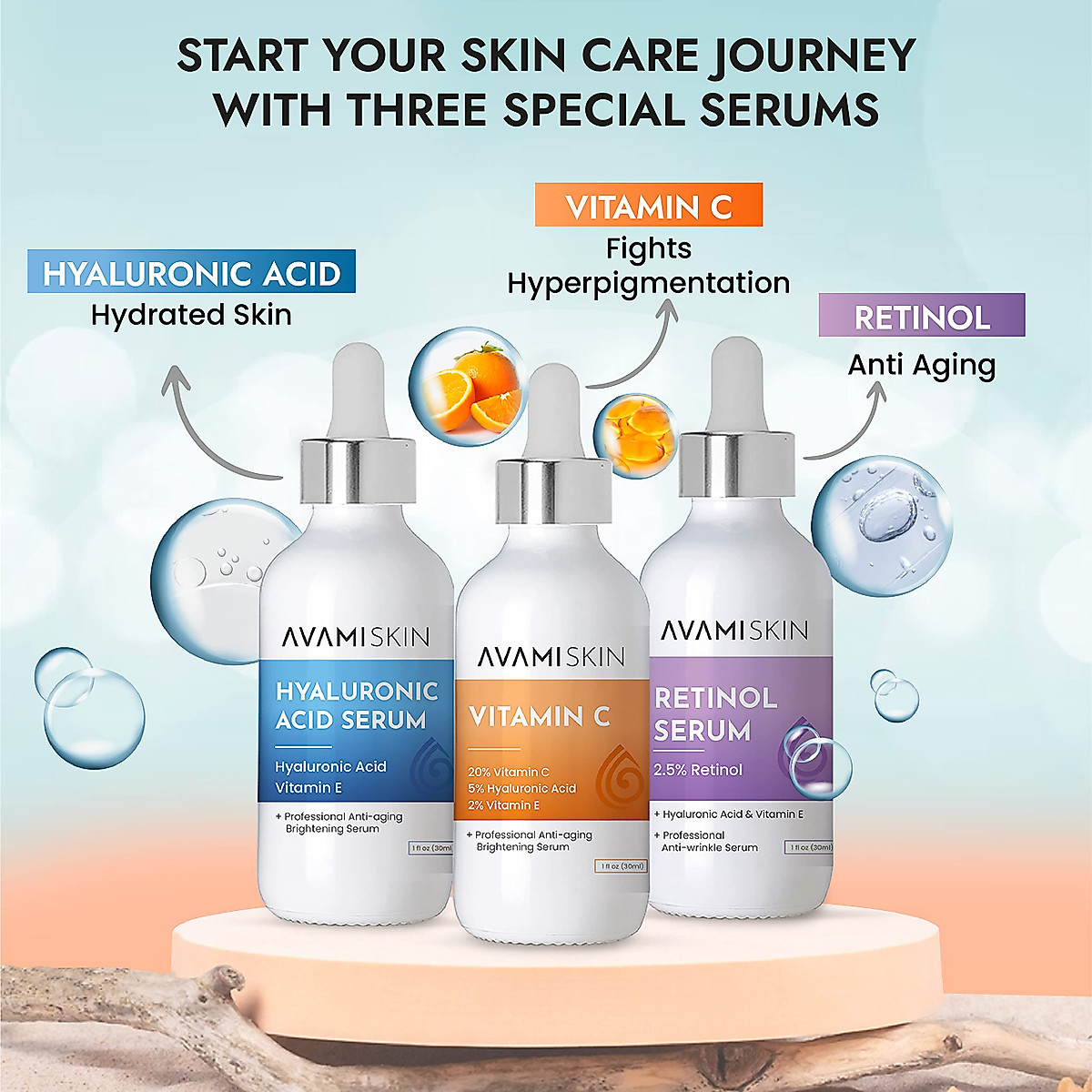 AVAMI 3-Piece Skin Serum Set - Vitamin C, Hyaluronic Acid, Retinol - Unisex - 1 fl. Oz