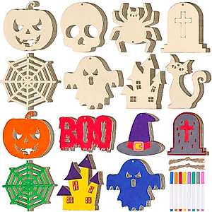 MGparty 60PCS Halloween Crafts for Kids DIY Wooden Slices Crafts Unfinished Predrilled Natural Wood for Kids Halloween Party Favors Halloween Hanging Decorations Gifts